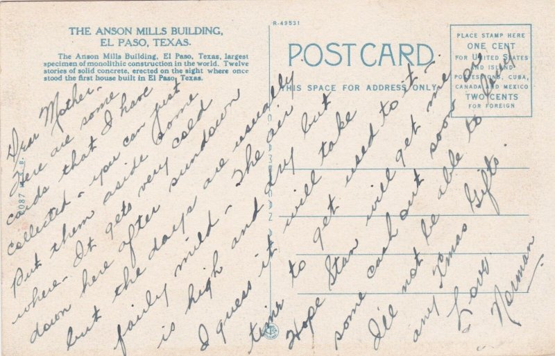 Texas El Paso The Anson Mills Building Curteich sk504 | United States ...