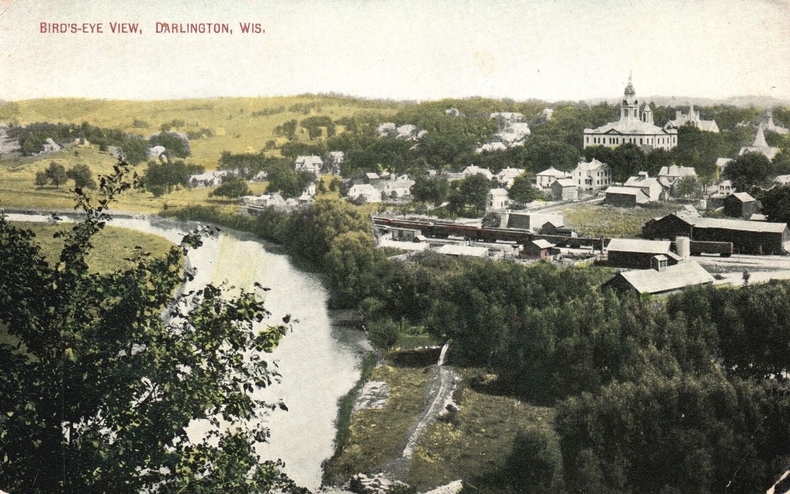 Darlington Wisconsin Bird's Eye View River Buildings and Trails Vintage ...