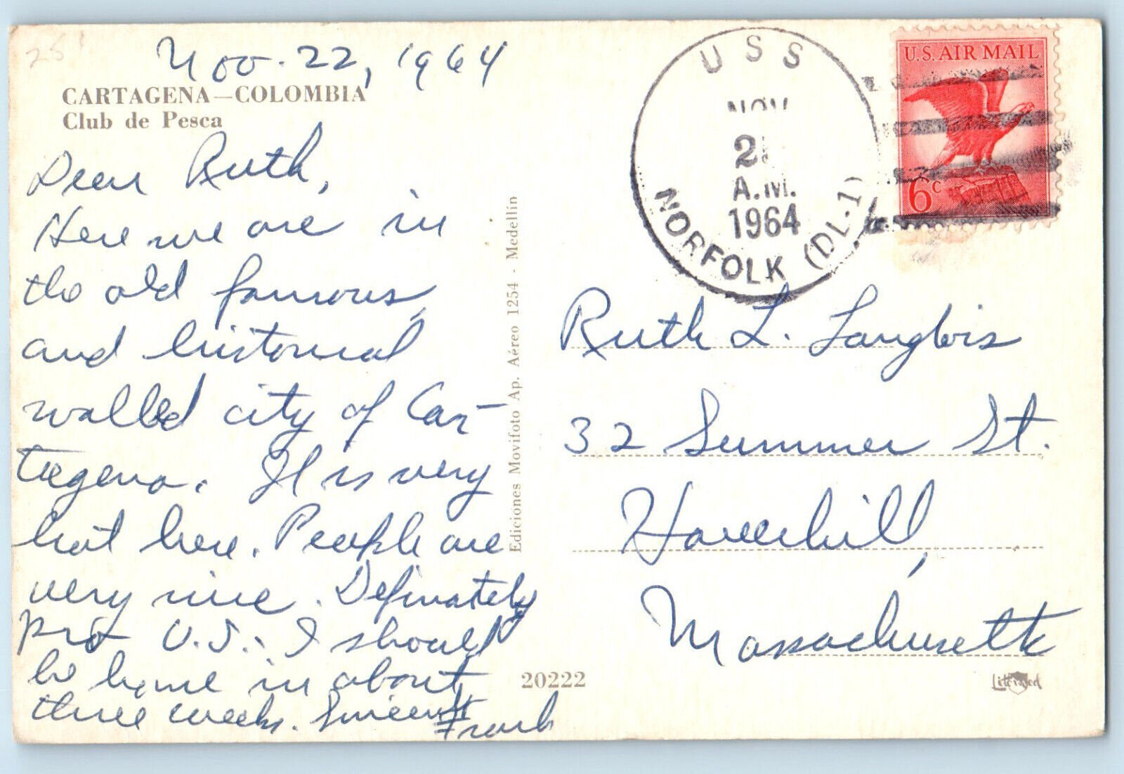 Cartagena Colombia South America Postcard Club de Pesca 1964 Vintage ...