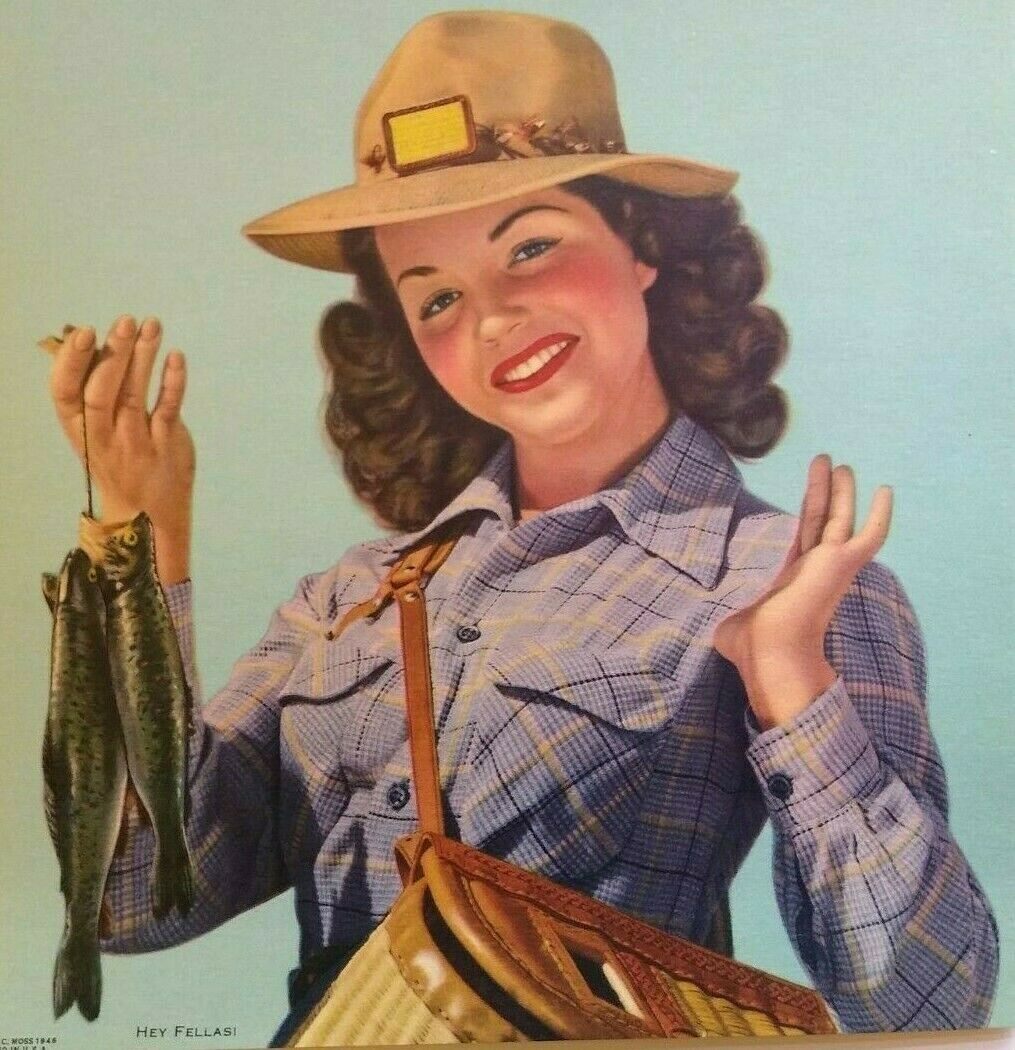 Sexy Lady Fishing Art Print Pin Up 1946 Lithograph Lovely Women Holds ...