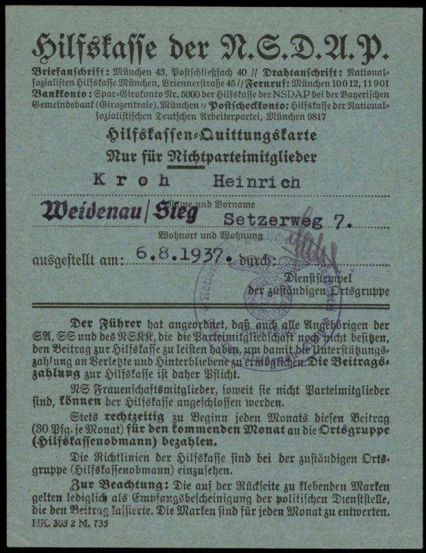 3rd Reich Germany 1937 Hilfskasse der NSDAP Membership Revenue Card ...