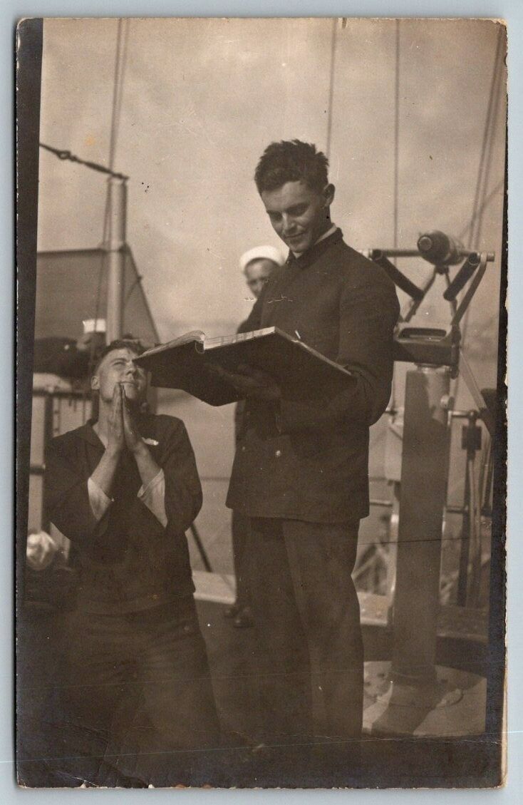 1920 RPPC USS Pittsburgh US Navy Chaplain Preaching Sailor Praying ...