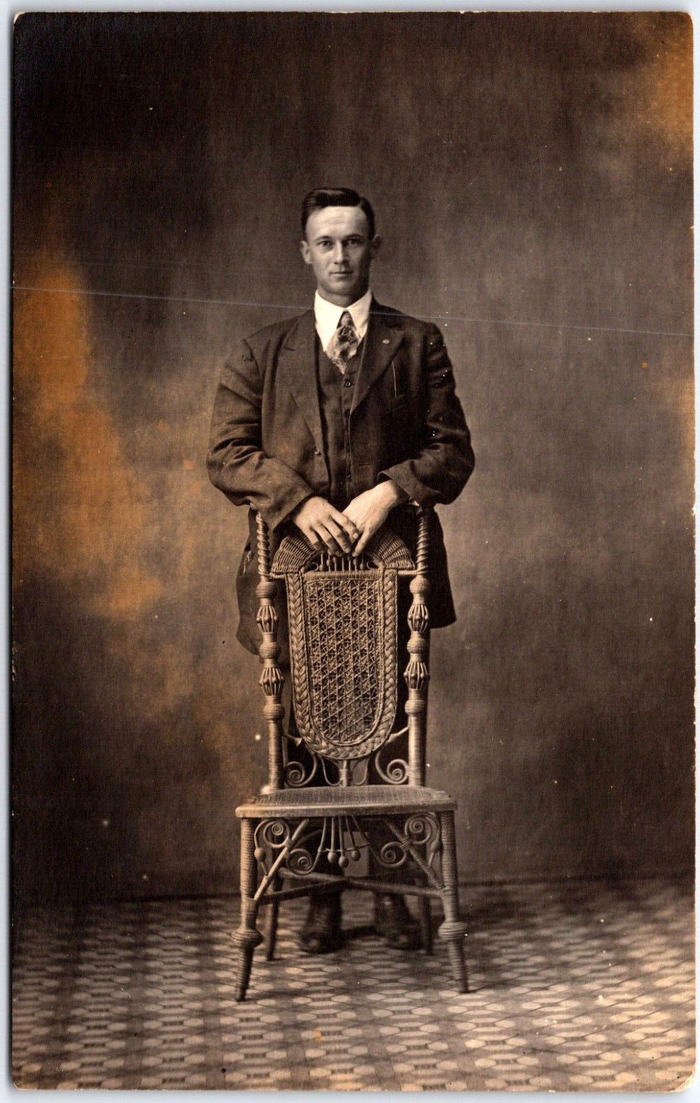 Man Clean Cut, Suit Tie Holding Decorative Chair Portrait - Vintage ...