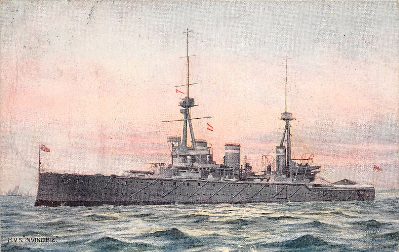 Lot160 h m s invincible ship painting postcard battle cruiser military ...