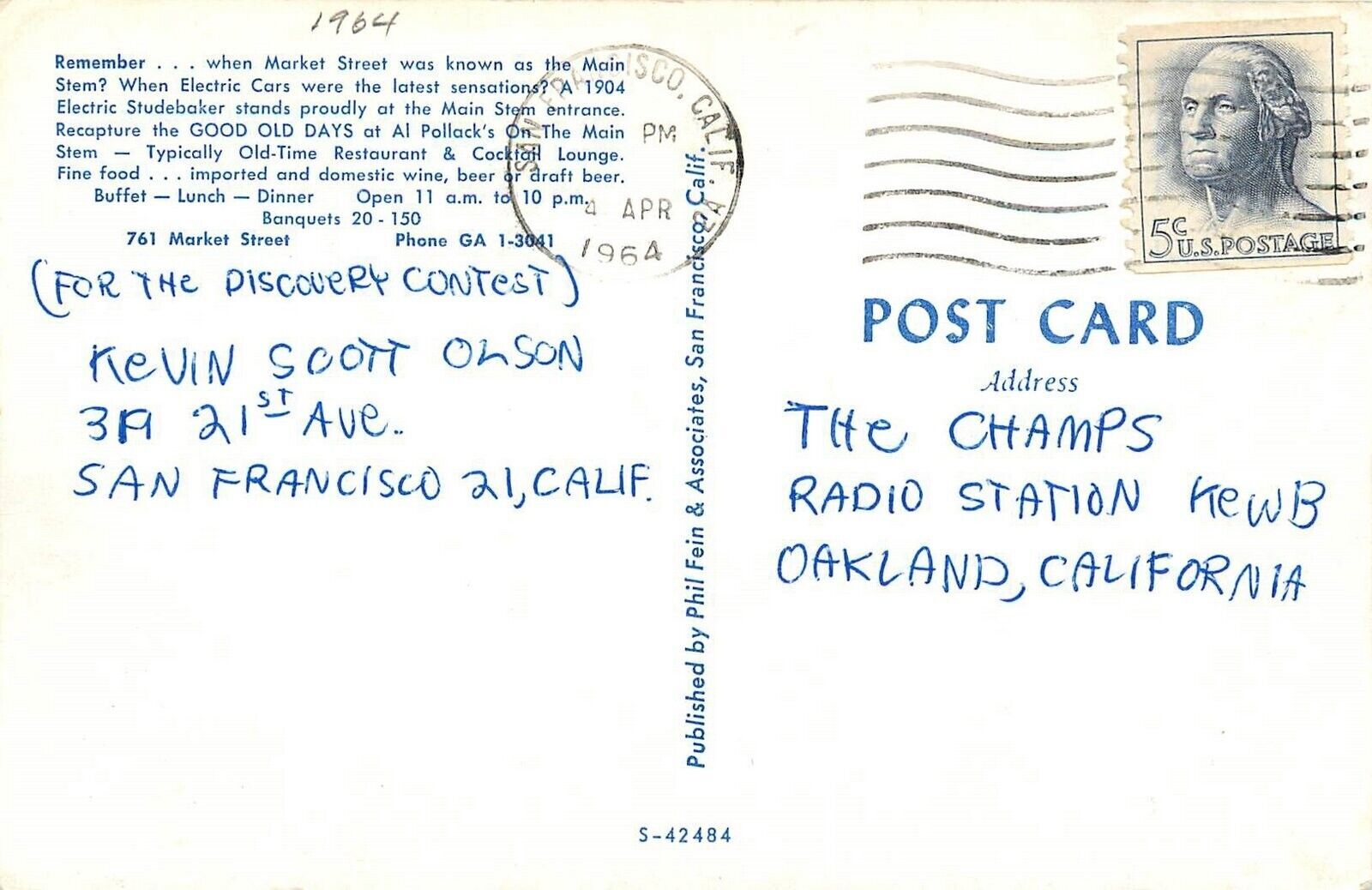 California Al :Pollack's restaurant interior occupation 1964 Postcard ...