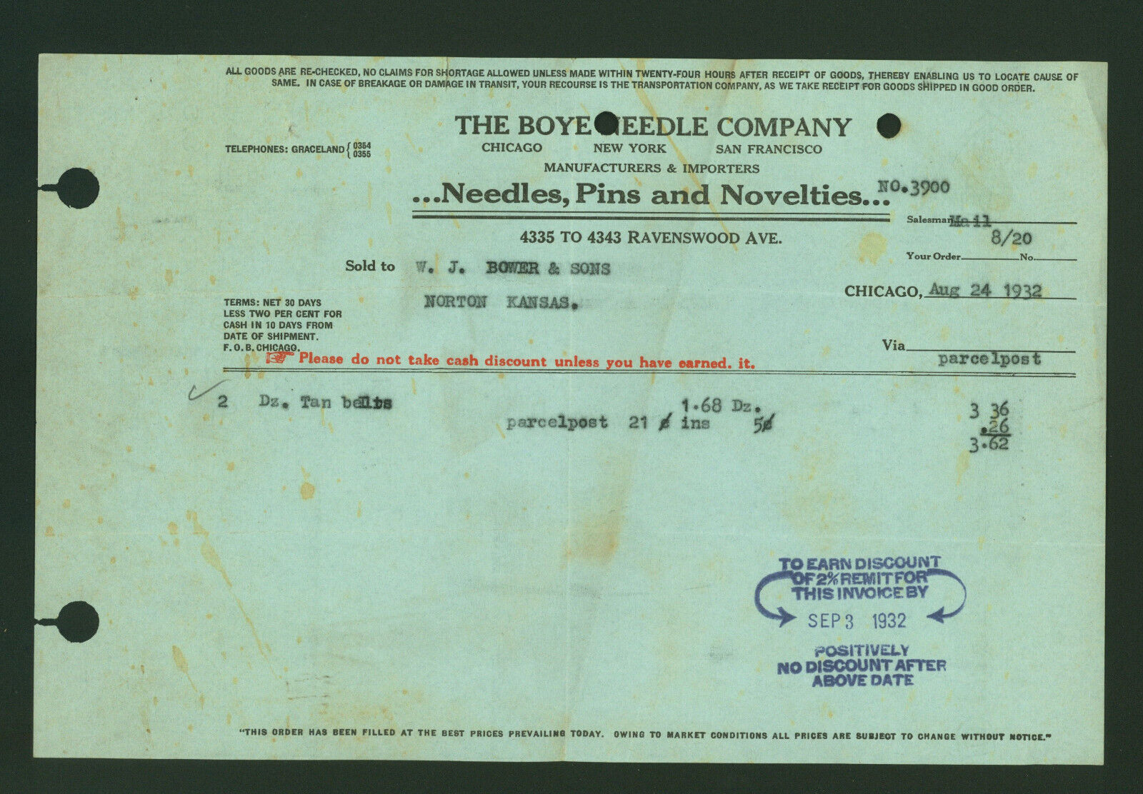 The Boye Needle Company Chicago NY San Fran Vintage Aug 24, 1932 ...