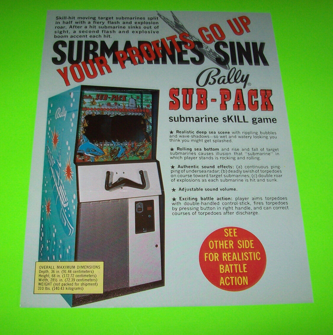 SUB PACK 3-D EARLY SUBMARINE SUBS EM ARCADE GAME Flyer Vintage Retro ...