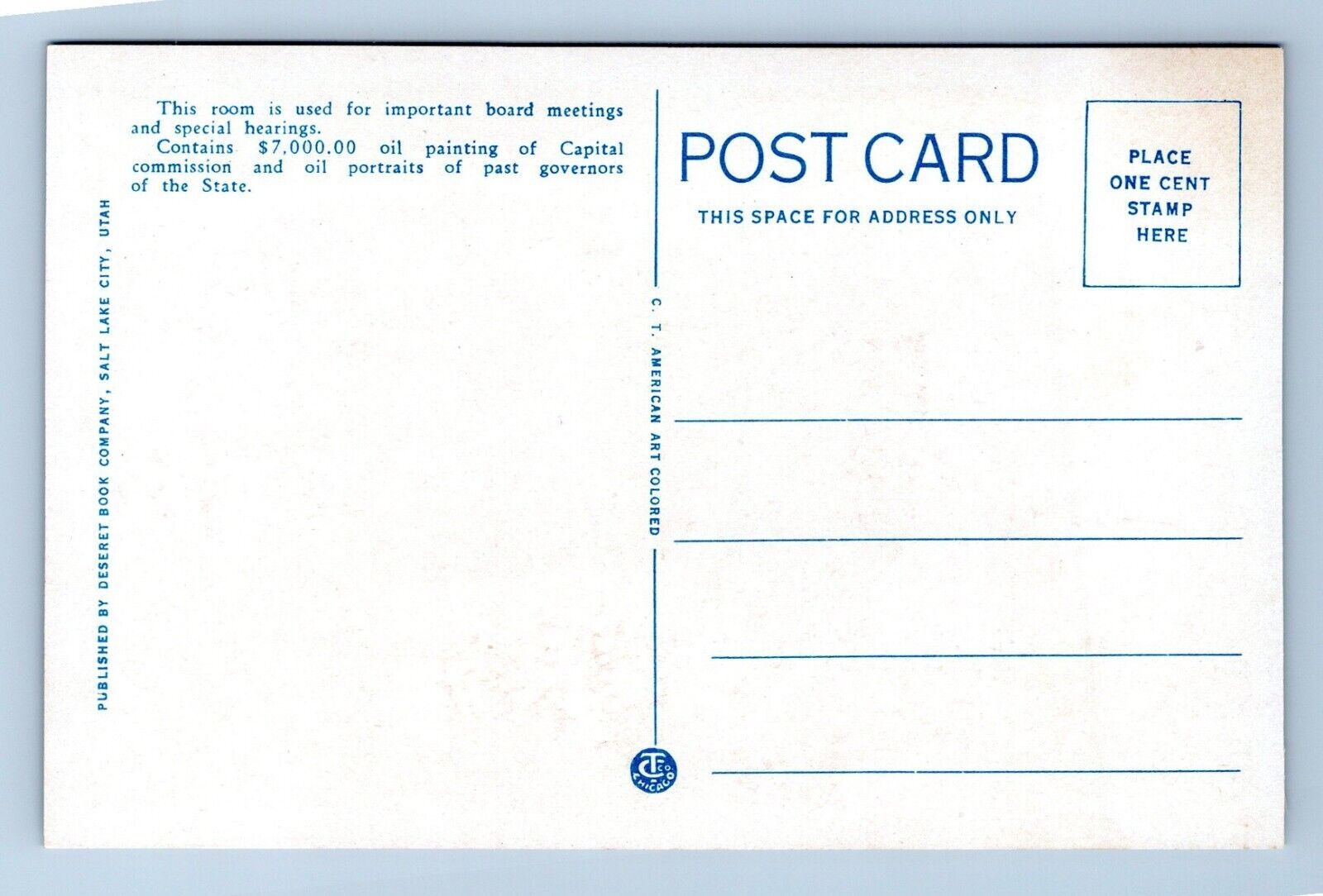 Board Room State Capitol Salt Lake City Utah UT UNP WB Postcard M1 ...