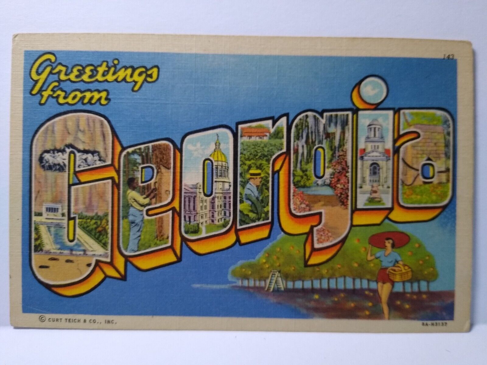 Greetings From Georgia Large Letter Linen Postcard Peach Basket Lady ...