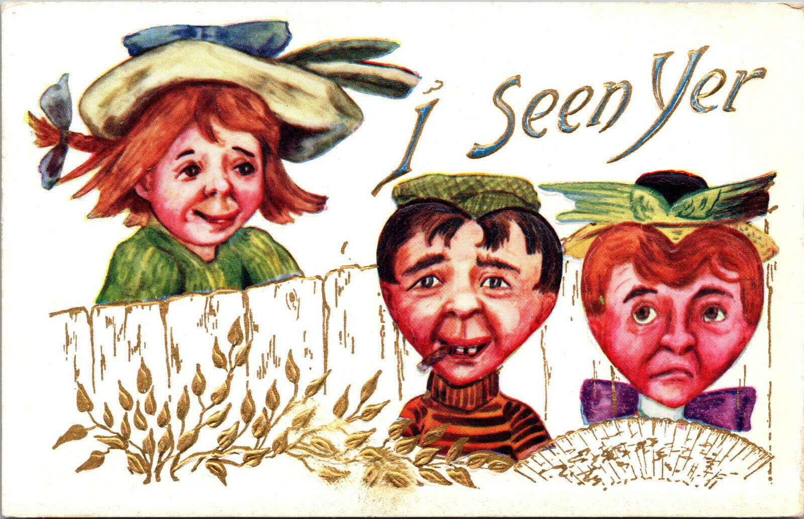 Vtg 1910s I Seen Yer Ugly Face Man Woman Heart Gold Gilt Embossed Comic ...