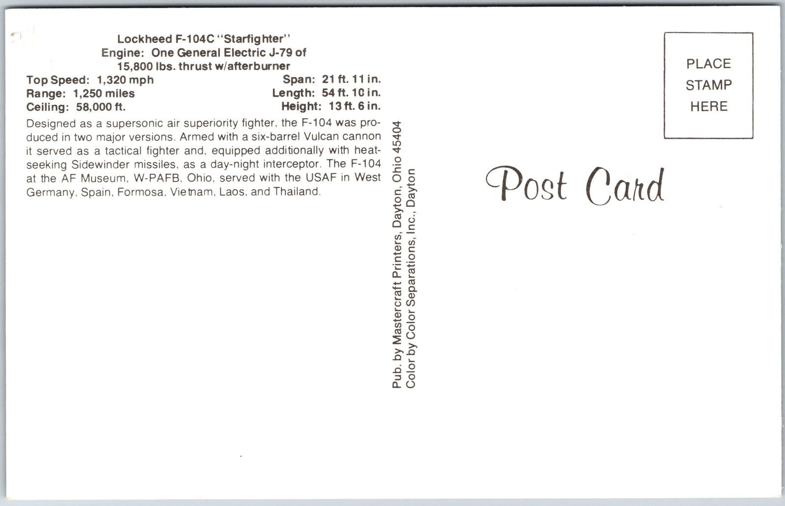 Lockheed F-104C Starfighter One General Electric Aircraft Postcard ...