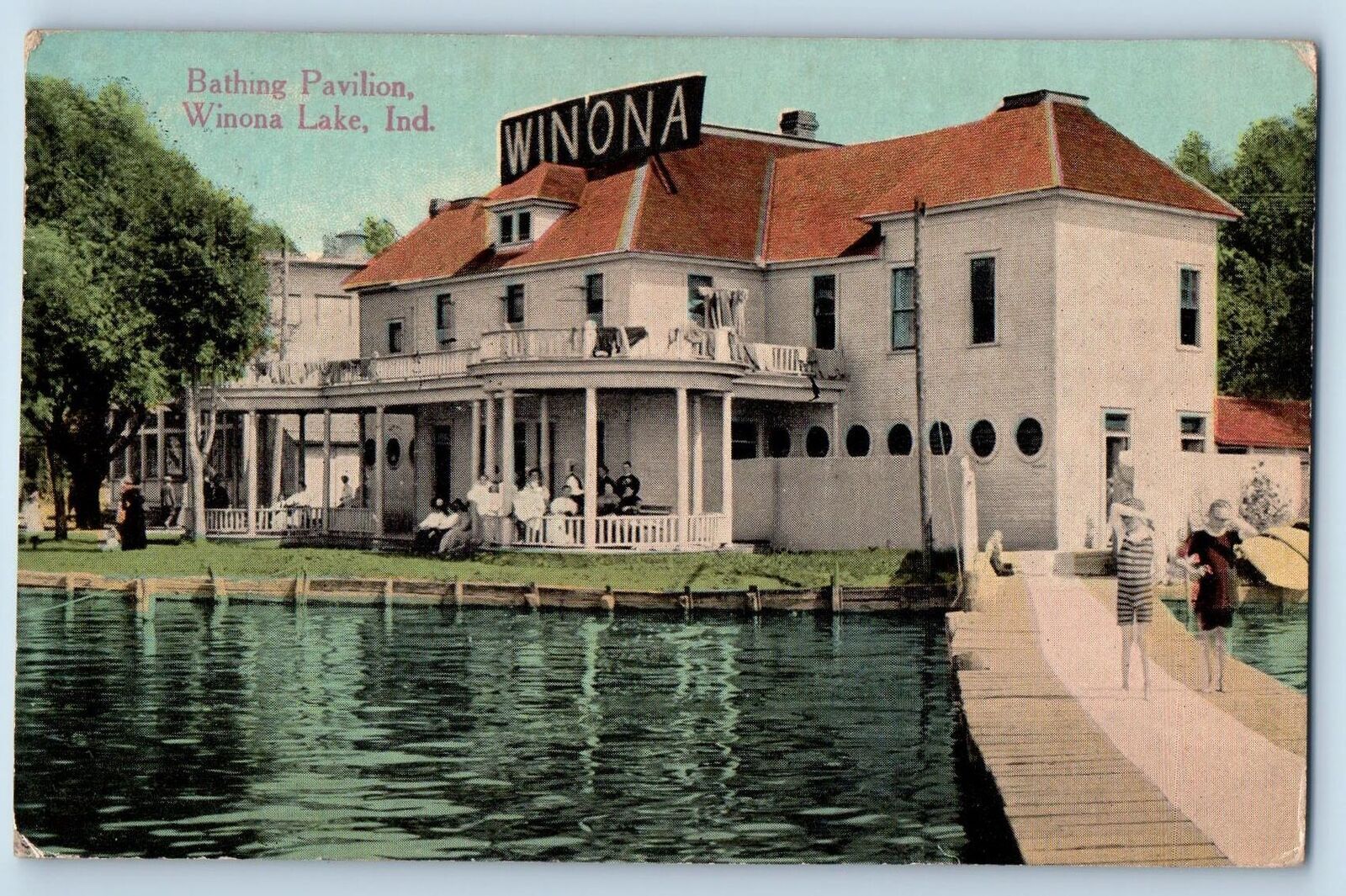 Winona Lake Indiana IN Postcard Bathing Pavilion Hotel Building 1913 ...
