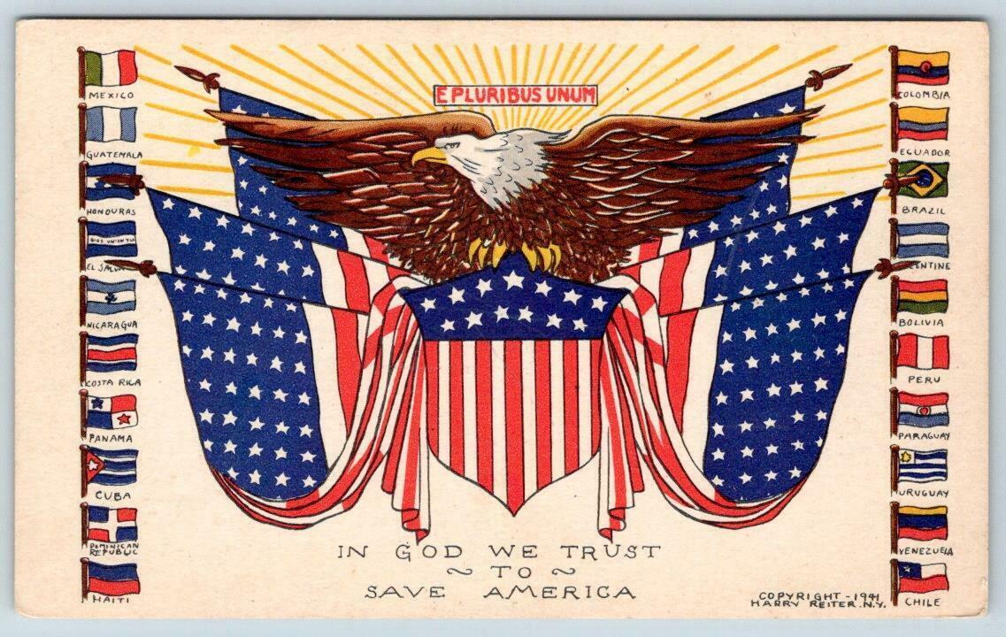 1941 Wwii in GOD WE Trust to Save America Bald Eagle Nations Flags ...