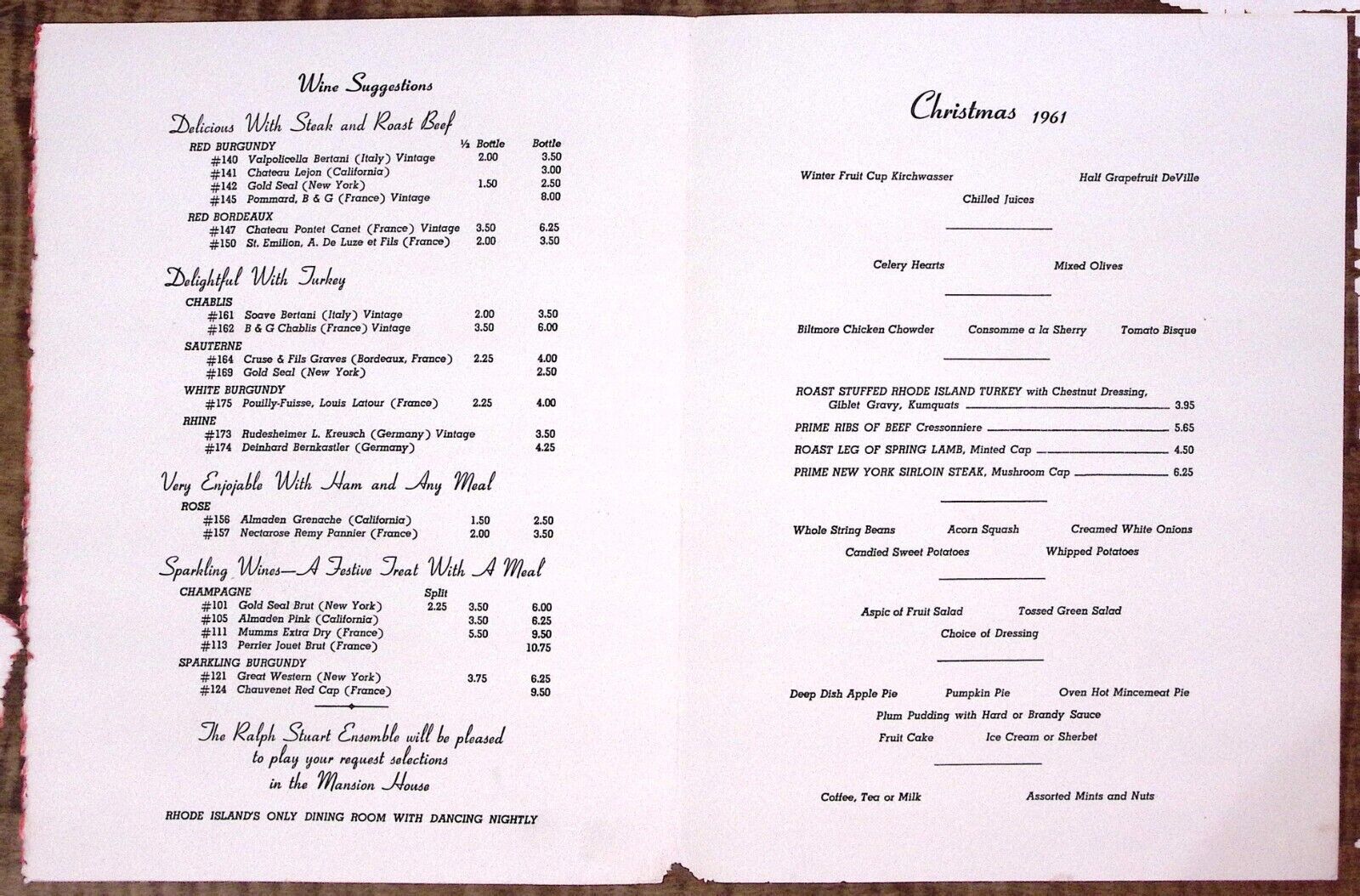 1961 Christmas Sheraton Biltmore Hotel Providence RI Special Menu Z2900 ...