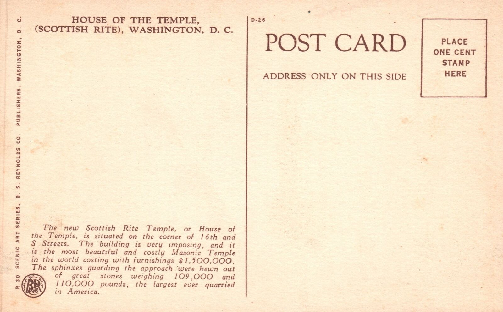 Vintage Postcard 1910's House Of The Temple Scottish Rite Washington DC ...