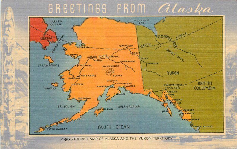 1940s Map attractions Tourist Map Alaska Yukon Territory linen Johnston ...