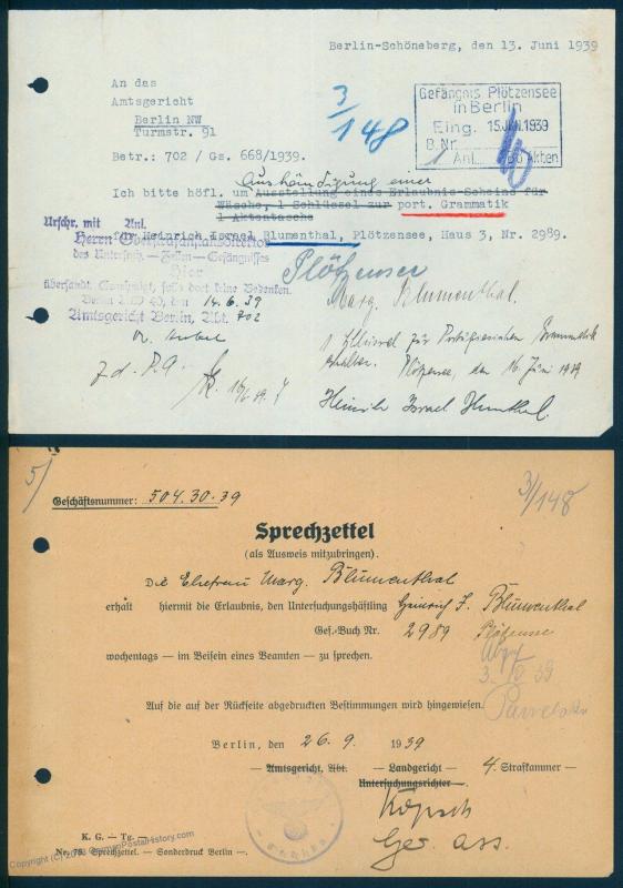 Germany 1939 Jewish Prisoner Berlin Moabit Plotzensee Prison Documents ...