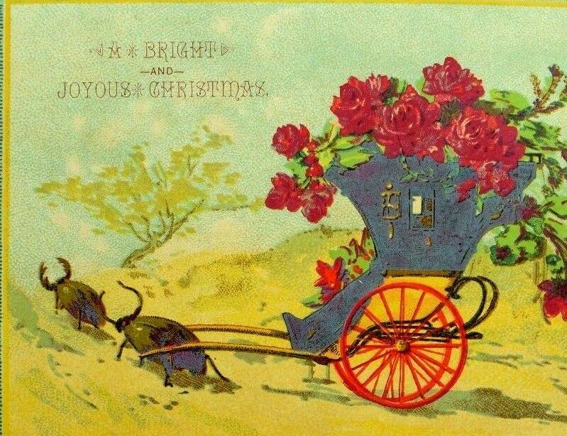 1870's Lovely Joyous Christmas Beetles Pulling Carriage Graphic Holiday ...