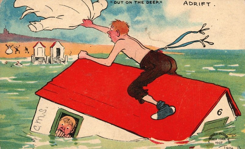 Vintage Postcard 1908 Out On The Deep Flood House Sinking Man On Roof ...