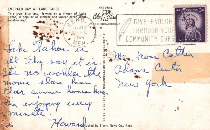 Vintage Postcard 1955 Emerald Bay At Lake Tahoe Jewel Blu Vacationland ...