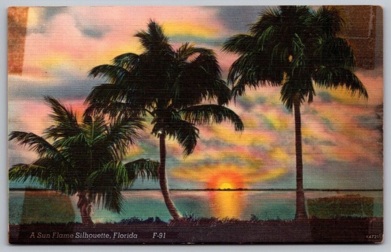 Florida Scenic Tropical Sunset Beachfront Palm Trees Linen UNP Postcard ...