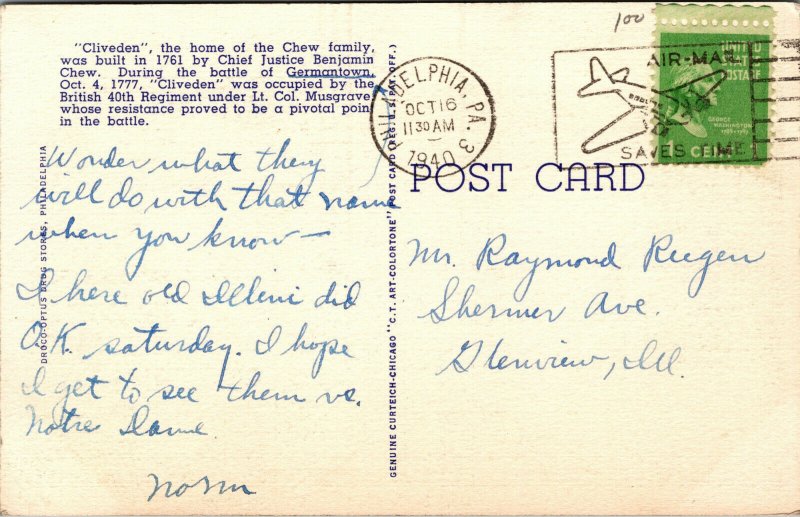 Vtg 1940s Cliveden Scene of Battle of Germantown Philadelphia PA Linen ...