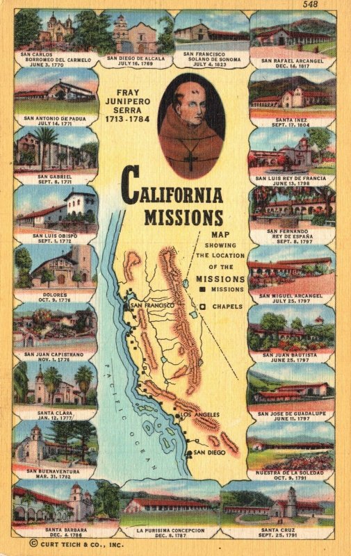 Vintage Postcard California Missions Map Showing The Locations Of The ...