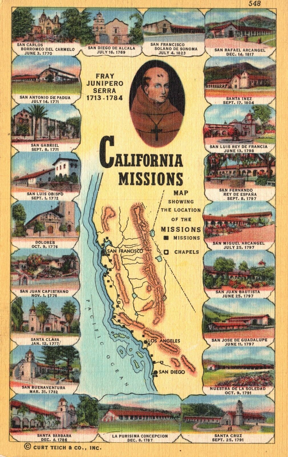 Vintage Postcard California Missions Map Showing The Locations Of The ...