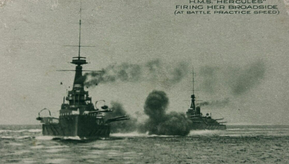 British Royal Navy HMS Hercules Firing Broadside Guns RPPC c.1910s WWI ...