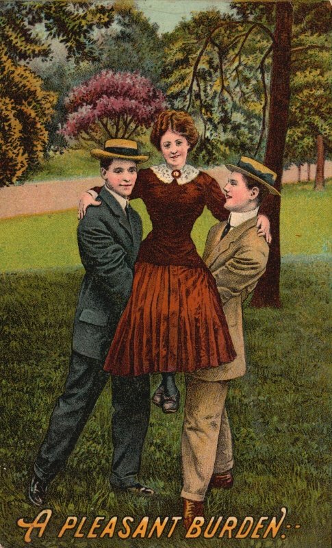 Vintage Postcard 1910's Teenage Lovers Girl Carried By Arms Of Two Guys ...