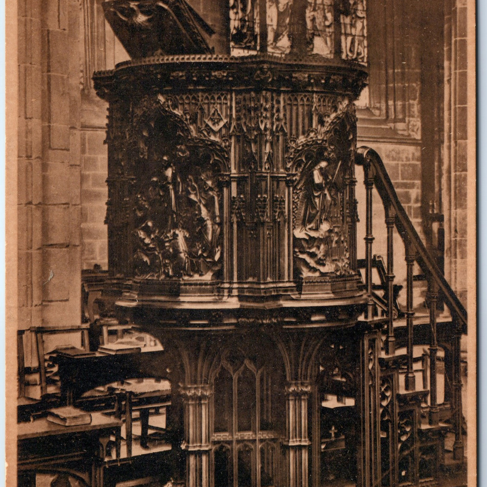 c1900s Chester, UK Cathedral Pulpit Gothic Interior Carved Wood Stain ...