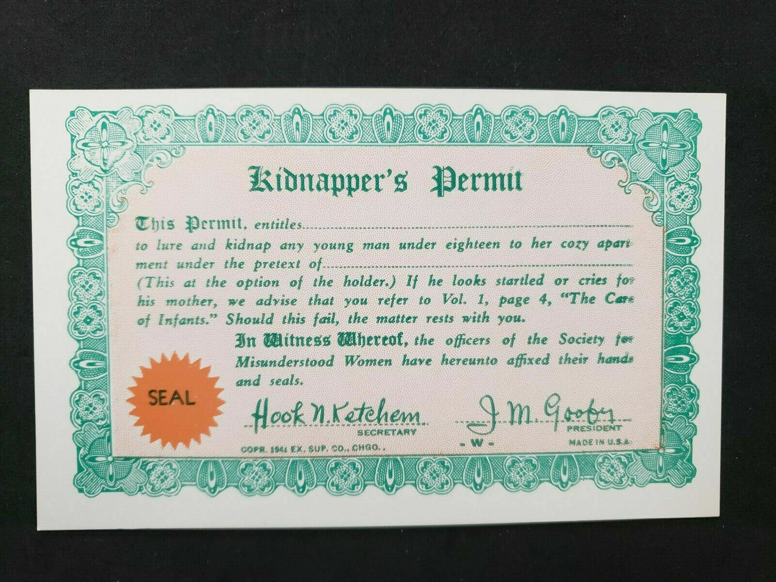 Vintage 1941 Gag Gift Card "Kidnapper's Permit" Exhibit Supply Co ...