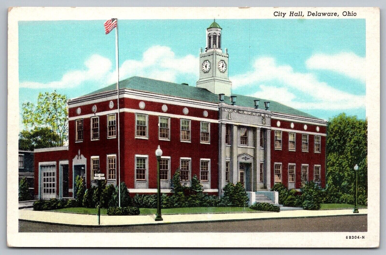 City Hall Delaware Ohio Street View American Flag Clock Tower Vintage ...