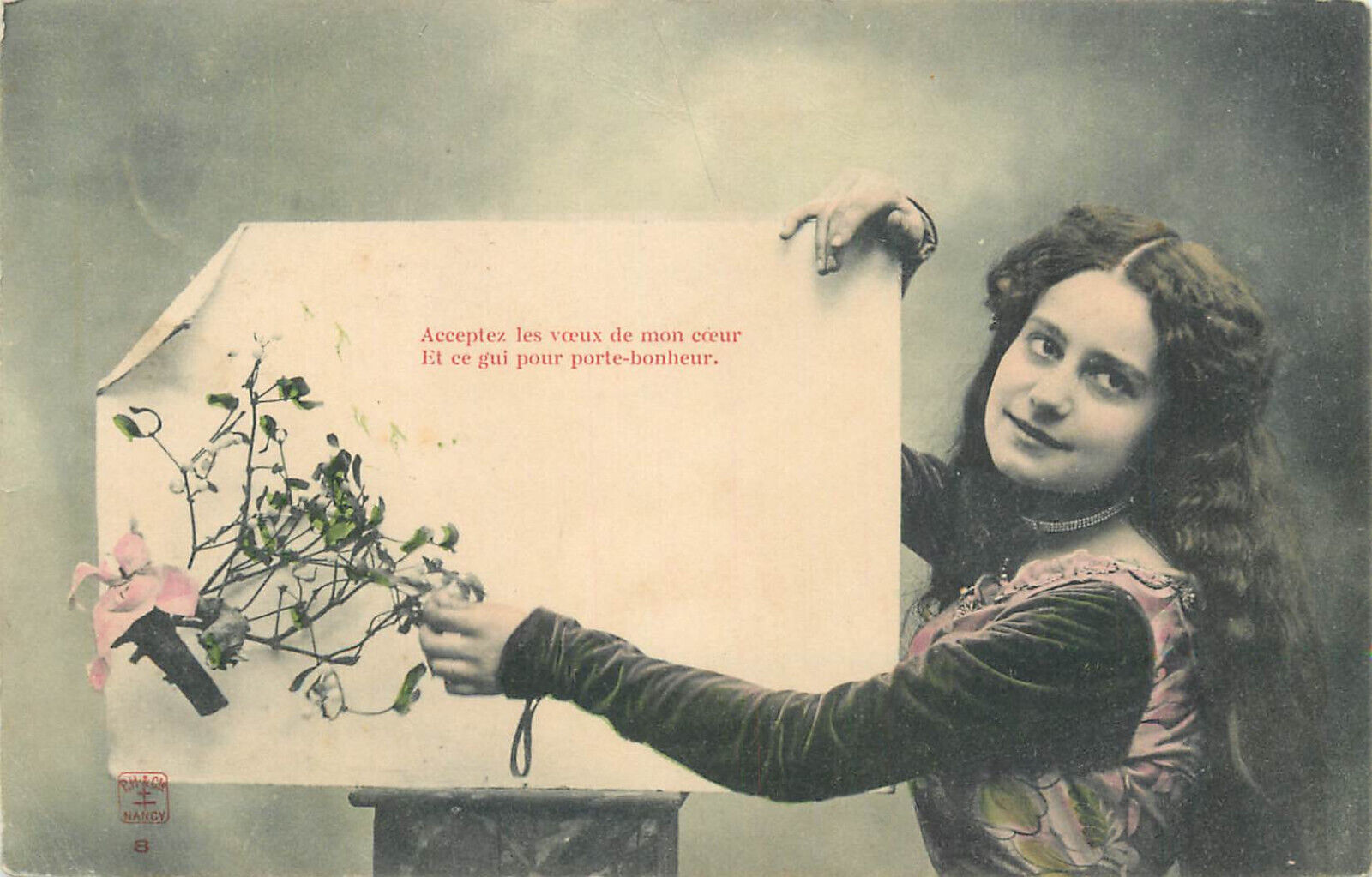 Woman with luck mistletoe greetings postcard 1904, France | Europe ...