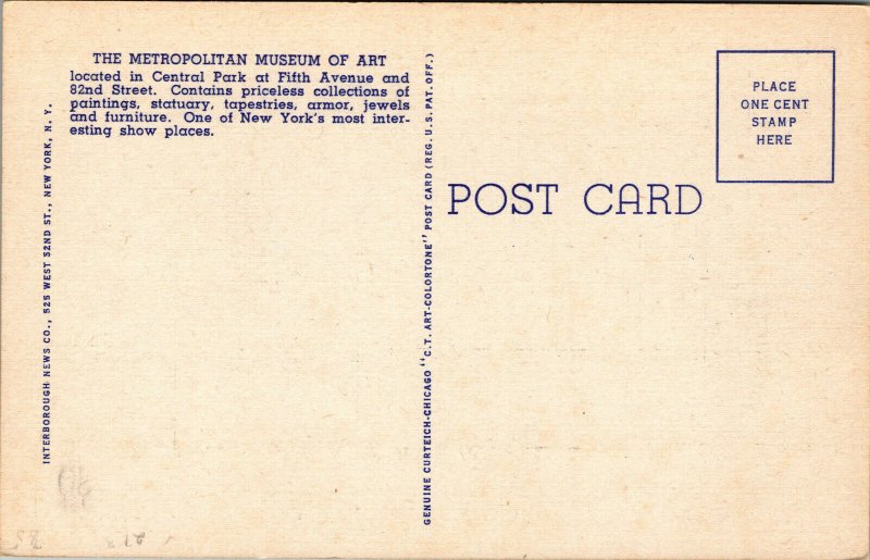 Vtg 1930's Metropolitan Museum Of Art New York City NY Linen Postcard ...