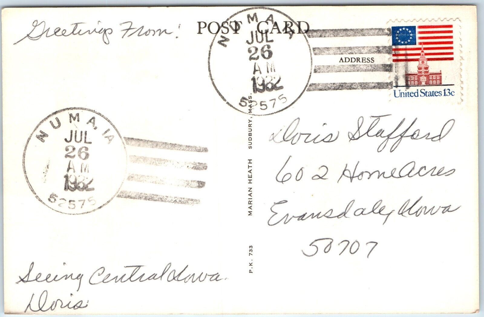 1982 Numa, IA Post Office Cancel Postcard Town USPO Postal History A268 ...