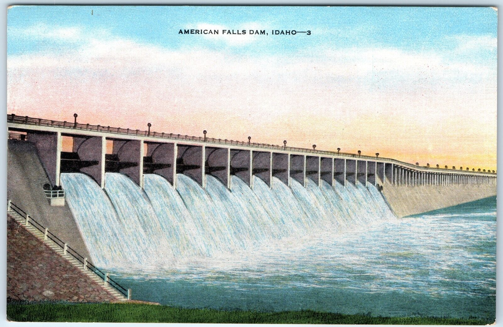 c1940s American Falls, ID Irrigation Dam River Built 1927 Linen PC Farm ...