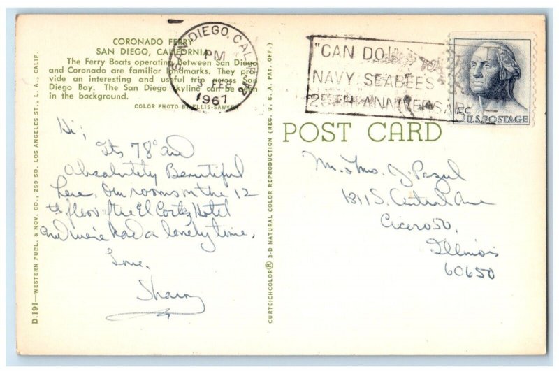 1967 Coronado Ferry Ferry Boats San Diego California CA Vintage Antique ...