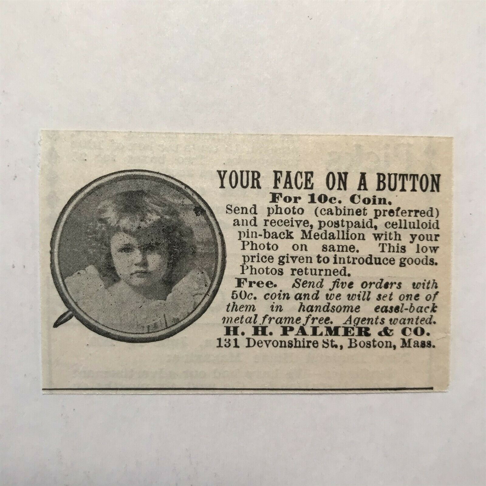 Victorian 1899 Print Ad Face on a Button H.H. Palmer & Co. 2V1-29 ...