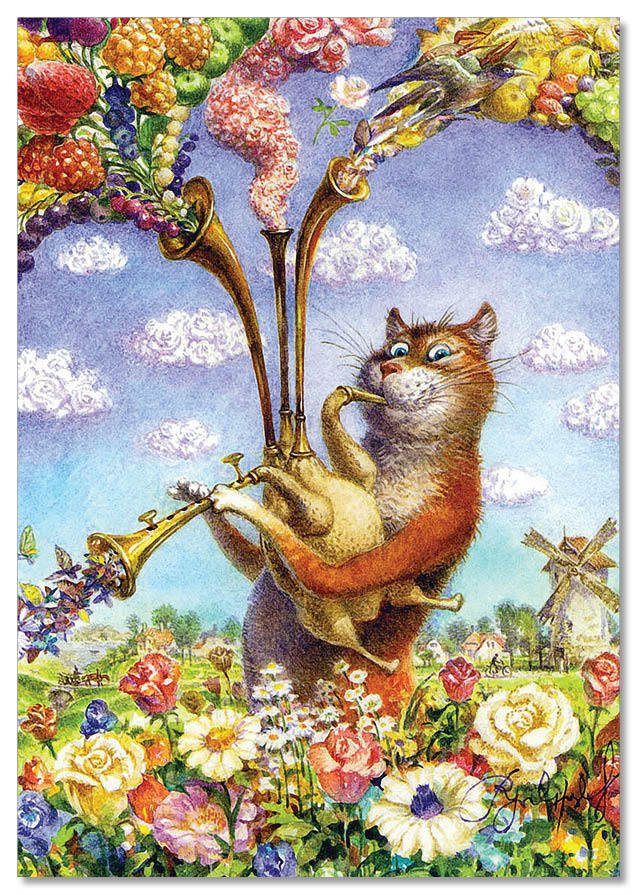 CAT play on bagpipes Flowers field Fantasy ART Russian Modern Postcard ...