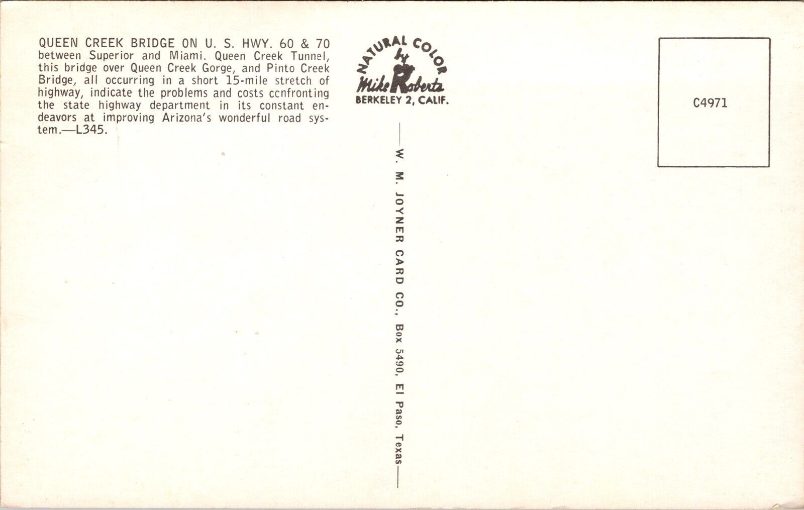 Vtg Arizona AZ Queen Creek Bridge Tunnel Between Superior & Miami View ...