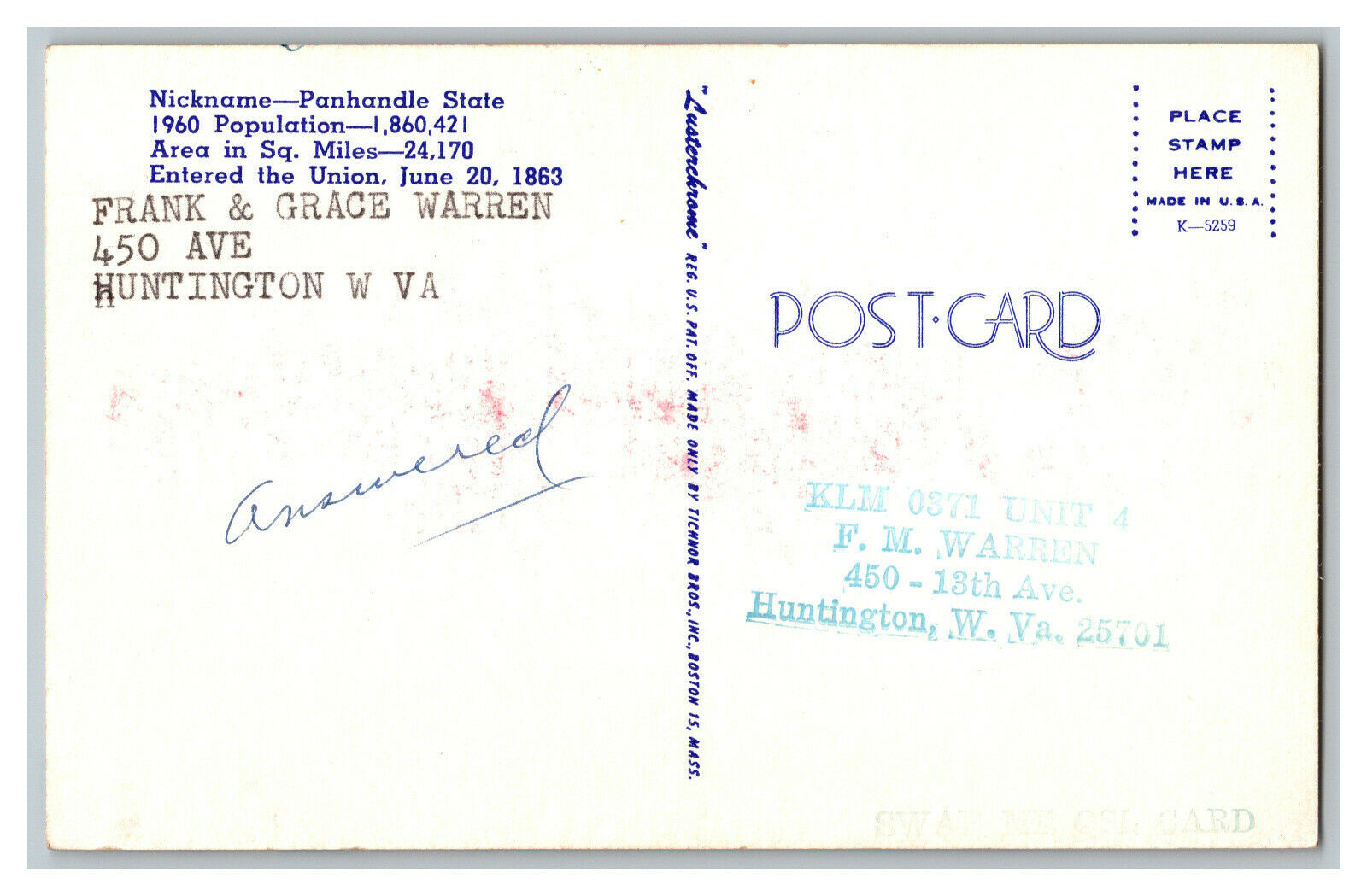 QSL Radio Card From Greetings From West Virginia Map Postcard | United ...