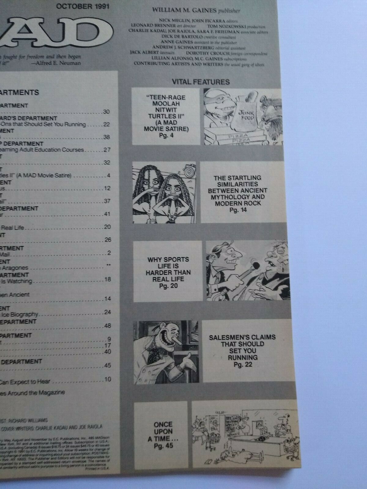 MAD Magazine Teenage Ninja Mutant Turtles Cover Oct 1991 No 306 Vanilla ...