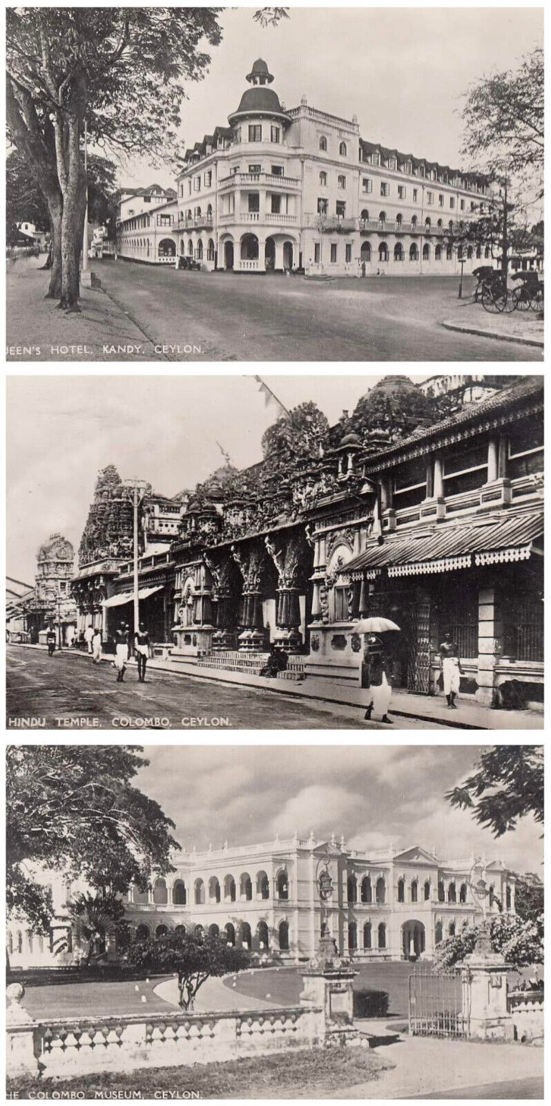 Lot of 3 photo postcards Sri Lanka Colombo hindu temple museum hotel ...