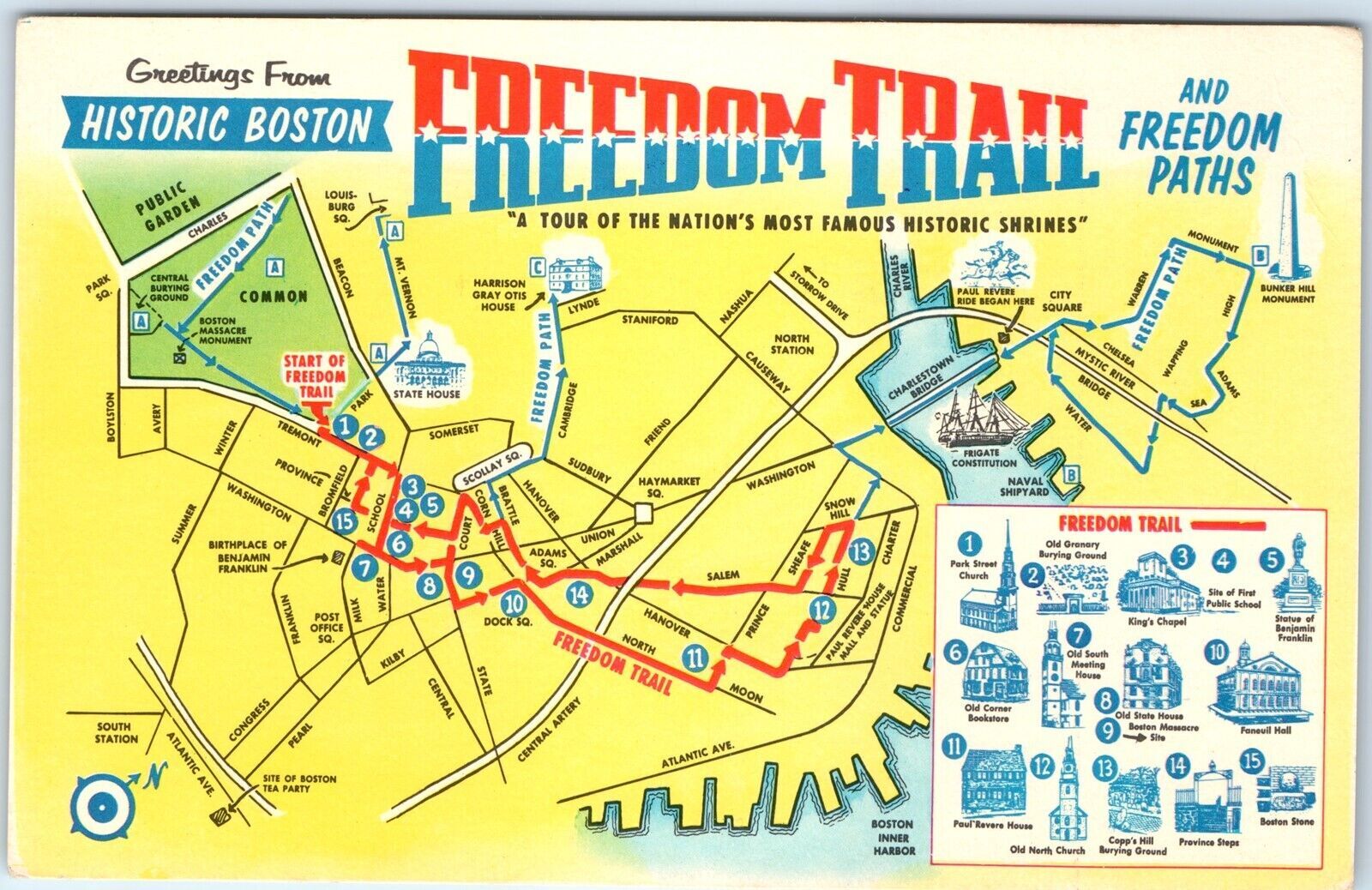 c1960s Boston, MA Freedom Trail Map Historic Boston Greetings from ...