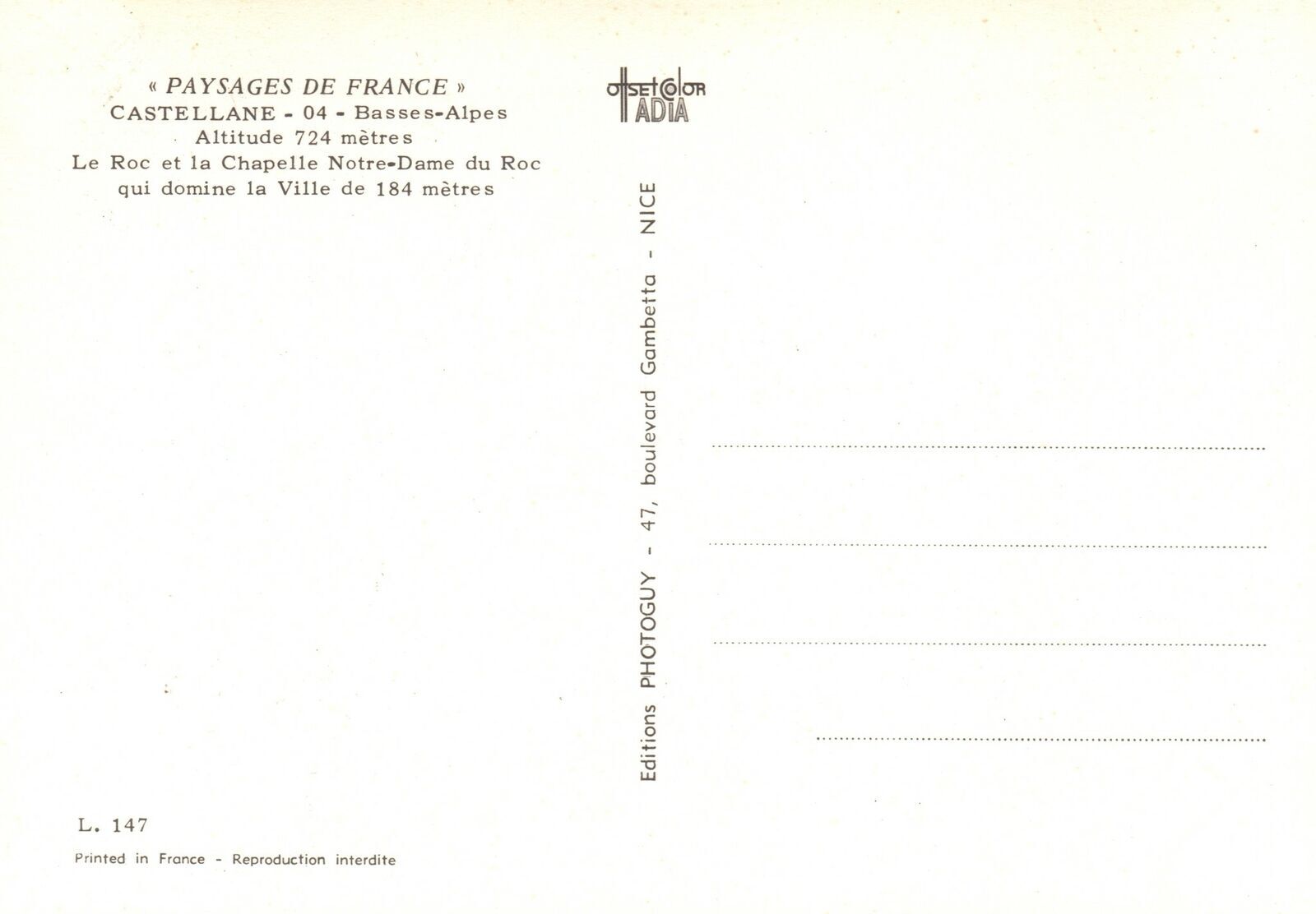 Postcard Paysages De France Le Roc Et La Chapelle Notre-Dame Castellane ...