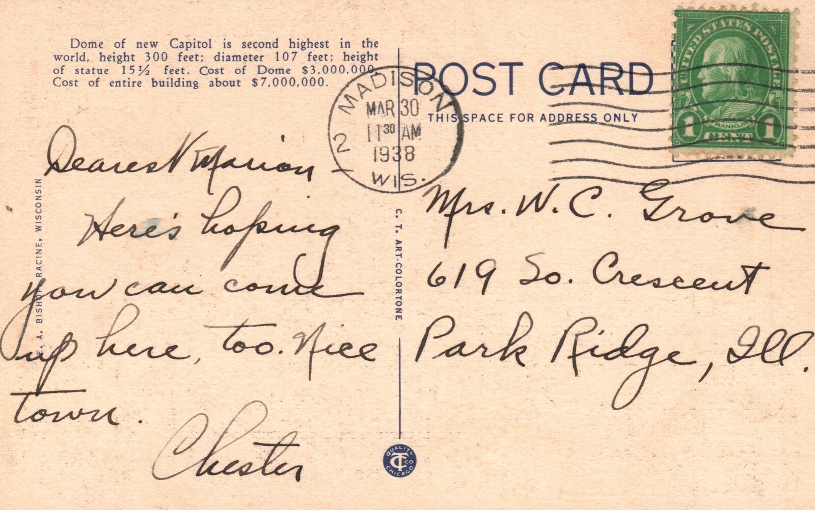 Vintage Postcard 1938 View of Wisconsin State Capitol Madison Wisconsin ...