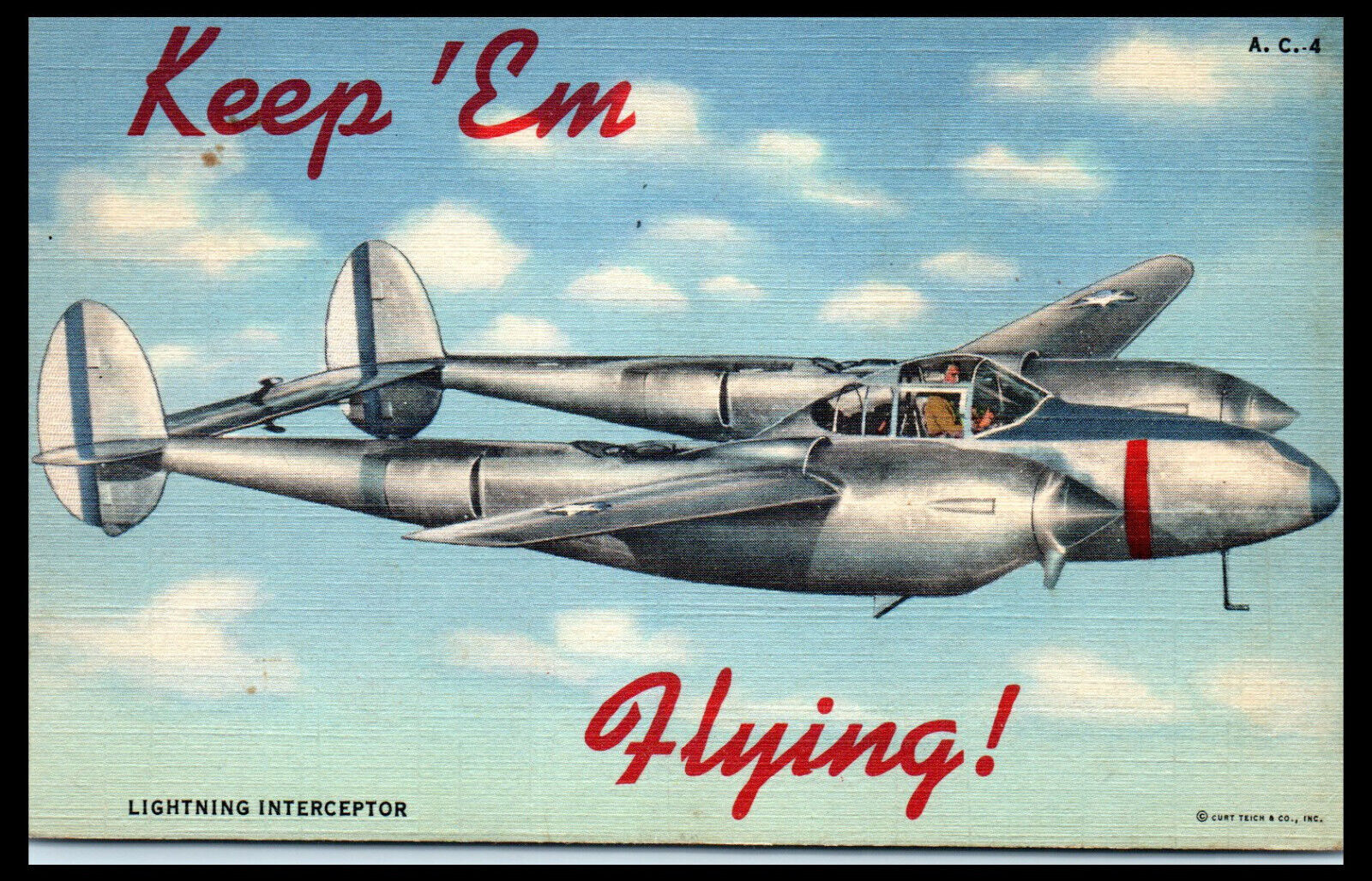 1940s Lightning Interceptor WW2 Aviation "Keep 'Em Flying" Postcard ...