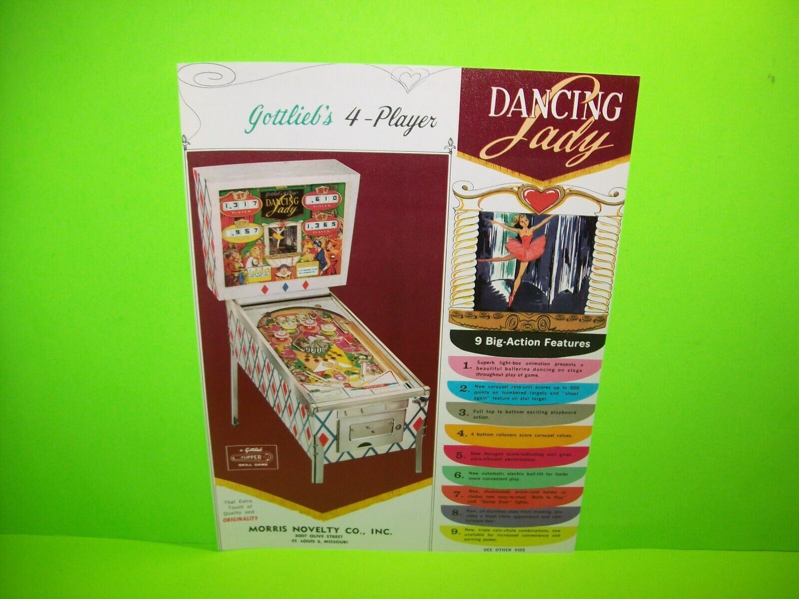 Dancing Lady Pinball FLYER Original 1967 Game Artwork Sheet Ballerina ...
