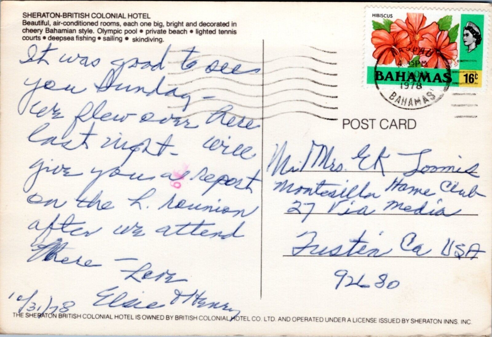 Postcard Bahamas Sheraton-British Colonial Hotel Nassau aerial and ...